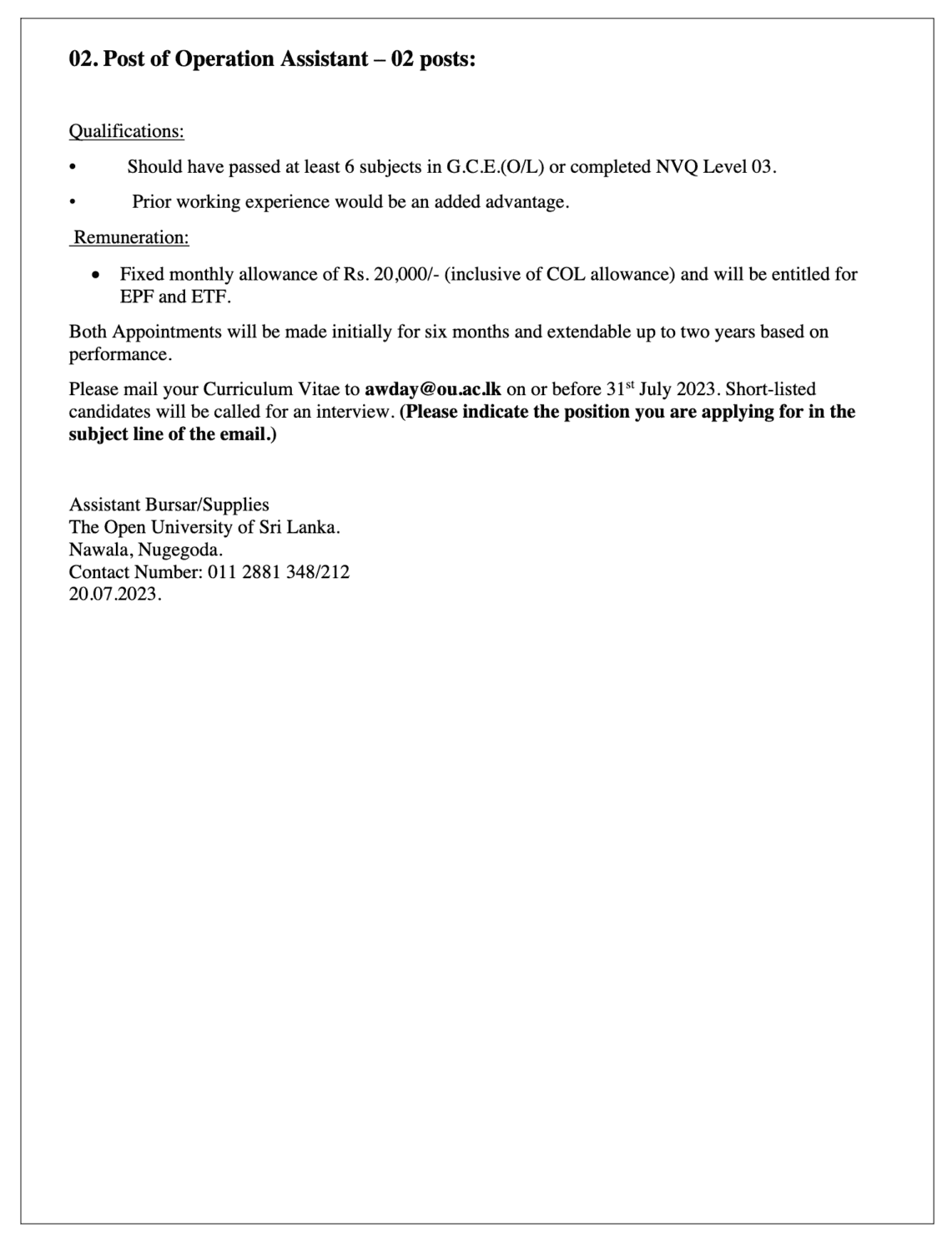 Operation Assistant Vacancies - Full Details - MASTER